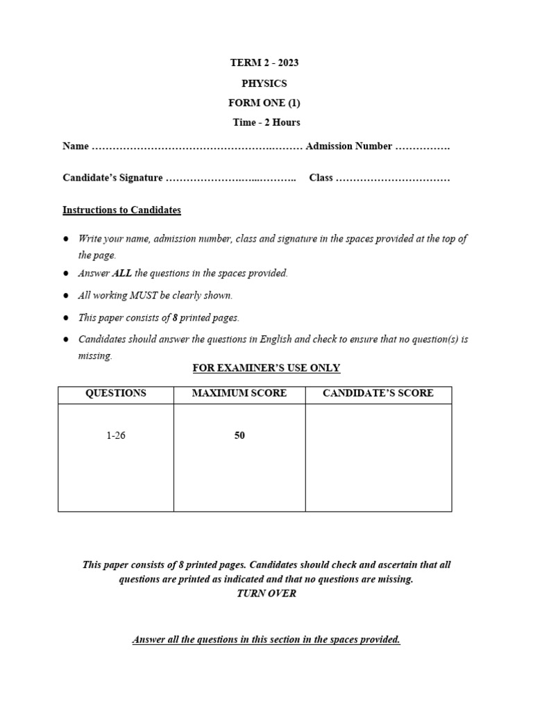 2023 PHYSICS F1 QS T2 Exam Teacher - Co - .Ke | PDF | Materials | Quantity