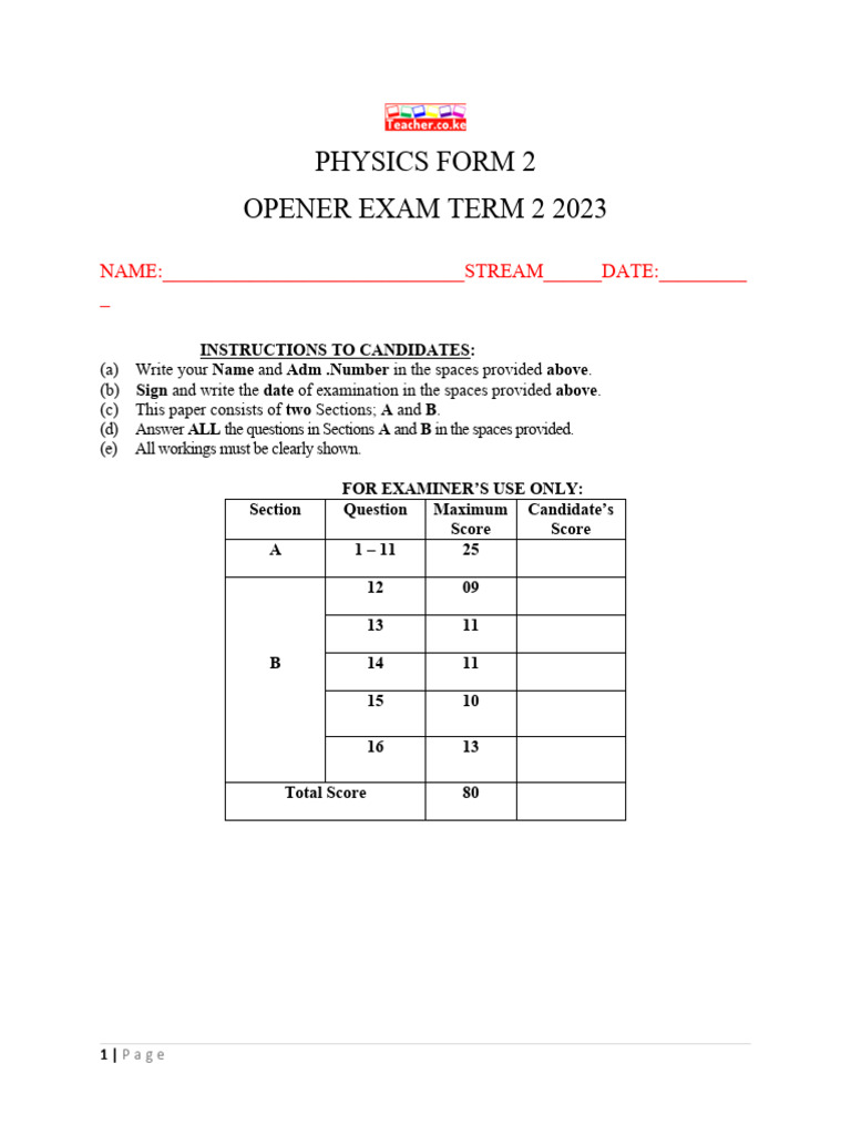 PHYSICS F2 QS Term 2 Opener 2023 Teacher Co Ke | PDF | Compass | Materials