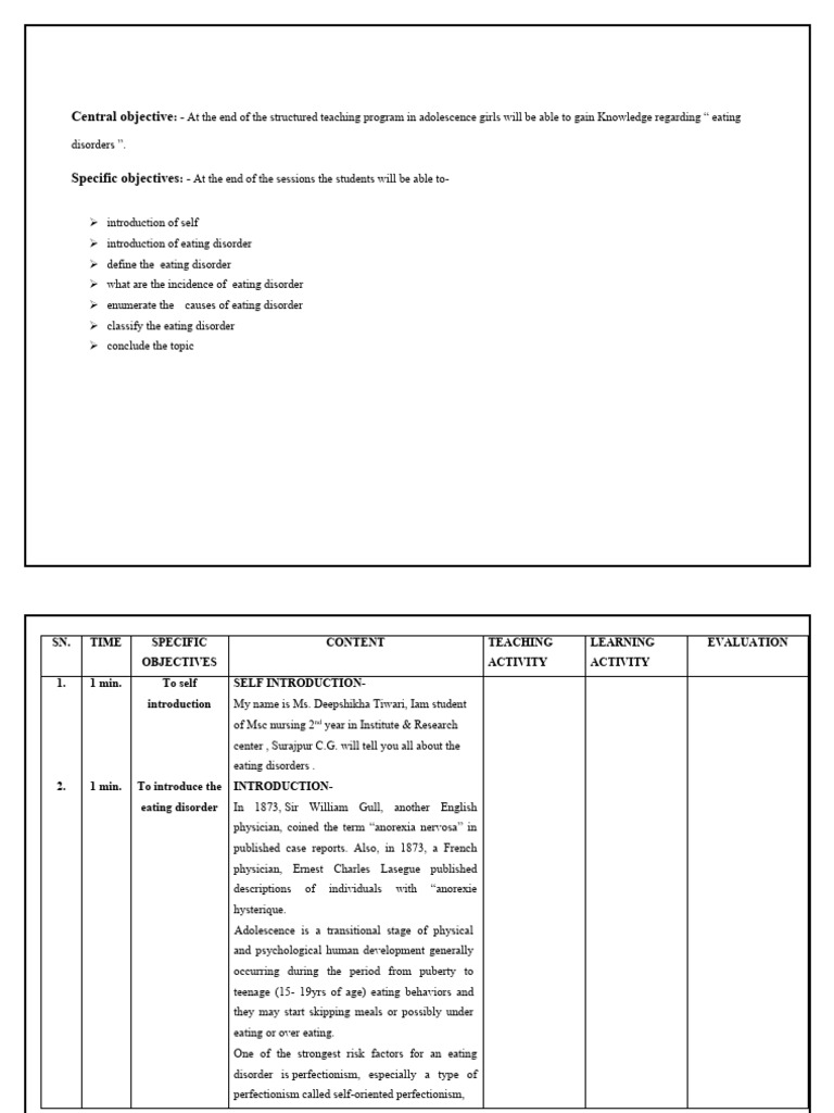 Lesson Plan Eating Disorser in Adolscence | PDF | Eating Disorder ...