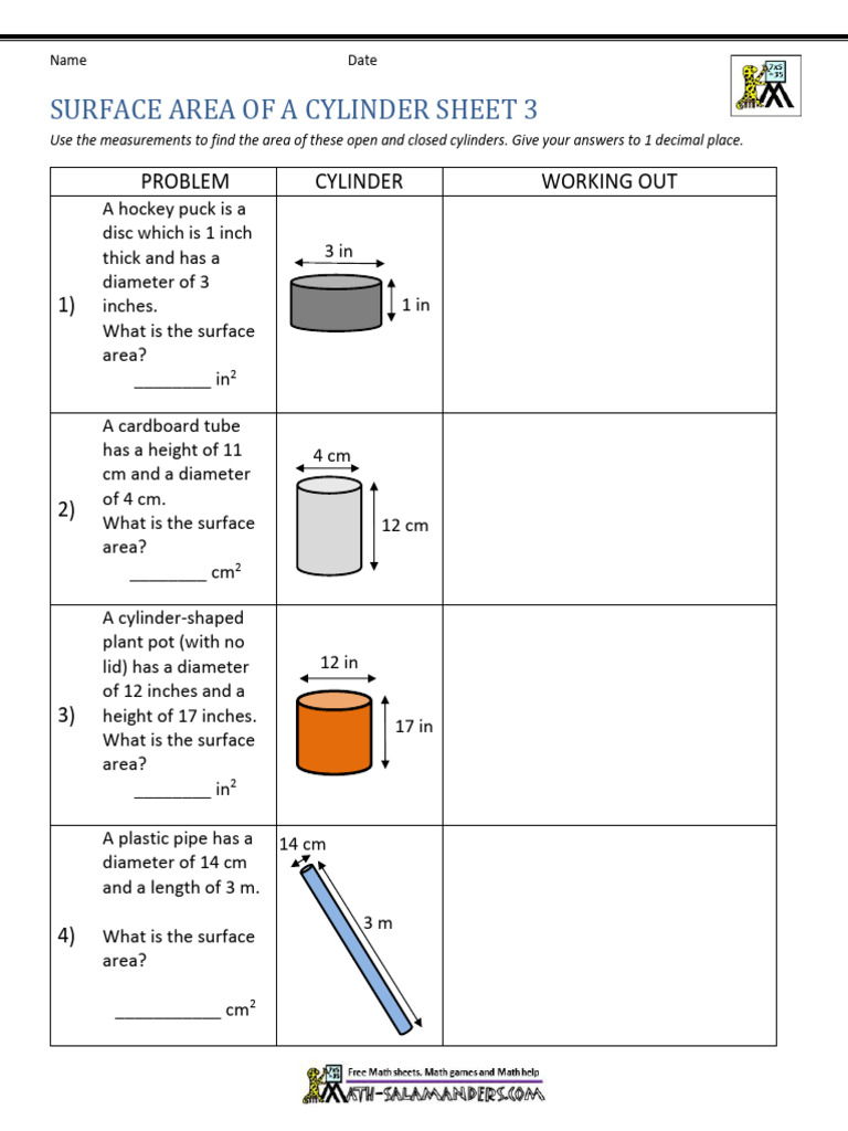 Surface Area of Cylinder Sheet 3 | PDF | Area | Geometric Shapes