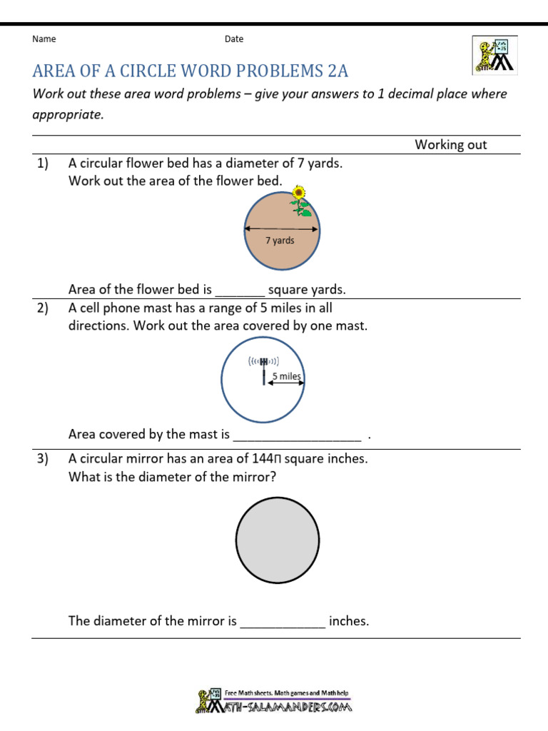 area-of-a-circle-word-problems-2a | PDF | Area | Pi
