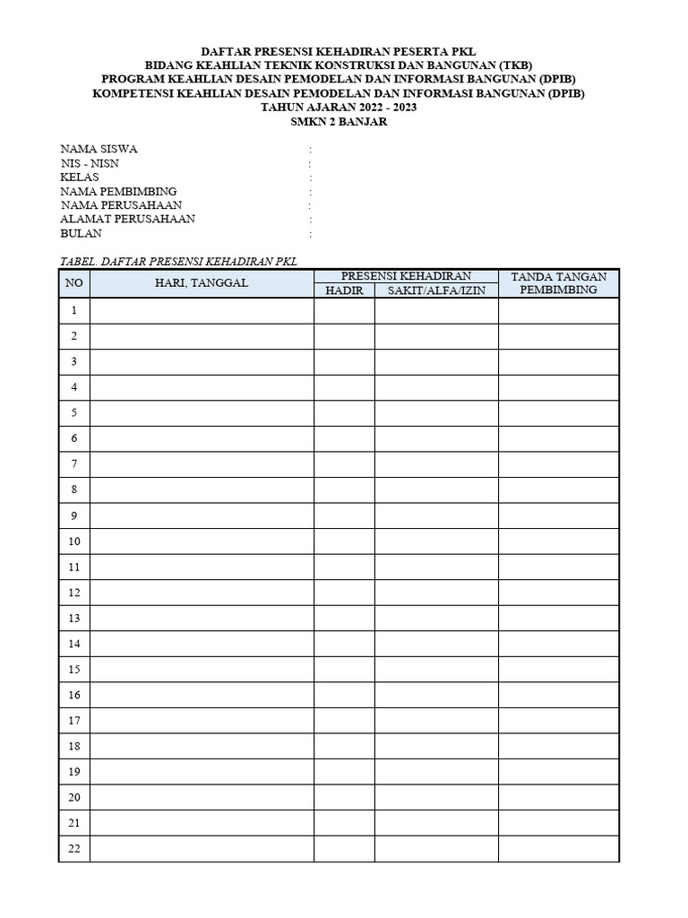 Daftar Presensi & Daftar Kegiatan PKL 2022-2023 Salinan | PDF