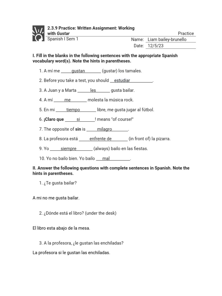 2.3.9 Practice - Written Assignment - Working With - I - Gustar - I ...