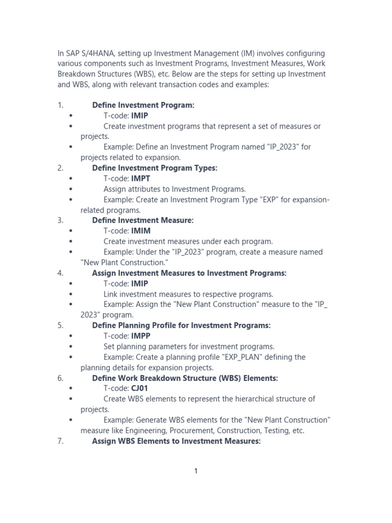 Configuration Steps of Investment and WBS Setup in S4 HANA | PDF ...