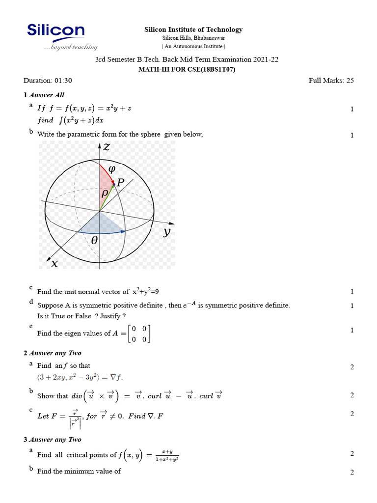 Math-III For Cse (18bs1t07) - Mid Term Exam (Back) - 2021-2022 | PDF ...