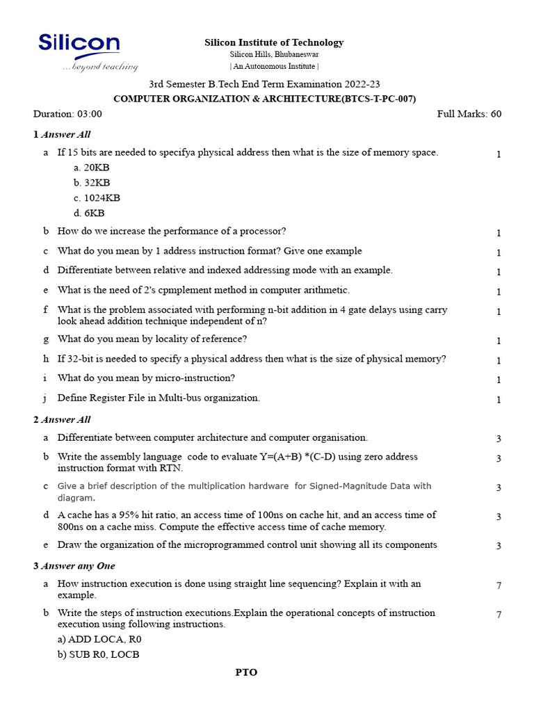 Computer Organization And Architecturebtcs T Pc 007 End Term Exam 2022 2023 Pdf 