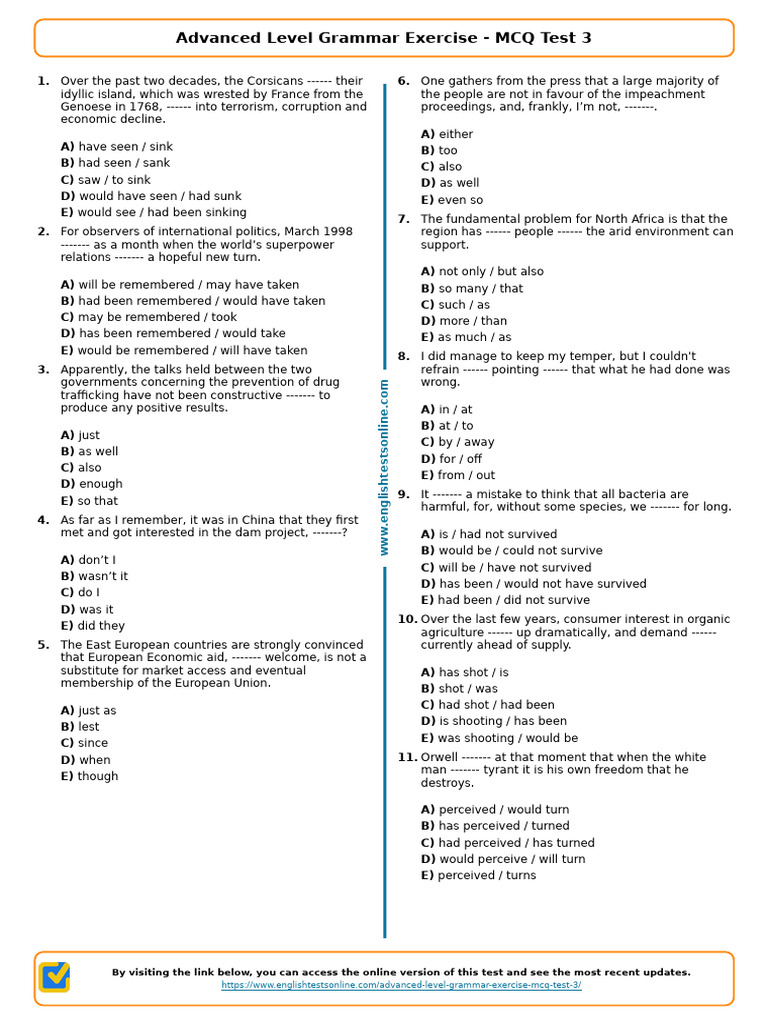 826 - Advanced Level Grammar Exercise MCQ Test 3 | PDF