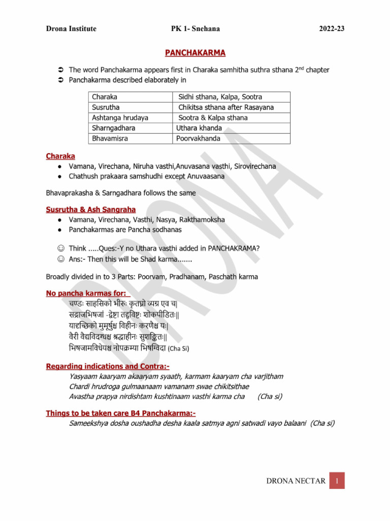 Drona Panchakarma 1 - Snehanam Note 2023 | PDF
