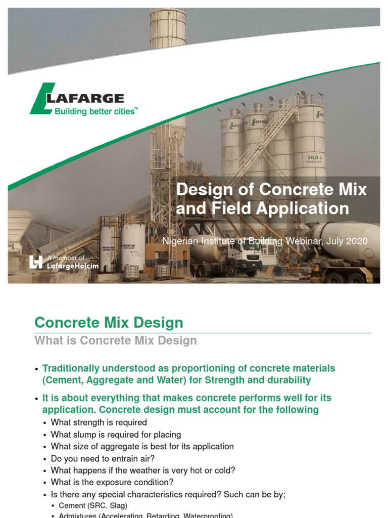DESIGN OF CONCRETE MIX AND FIELD APPLICATION - Lafarge Africa | PDF | Concrete | Cement