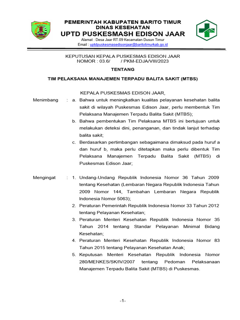 SK Tim Pelaksana Manajemen Terpadu Balita Sakit (MTBS) | PDF