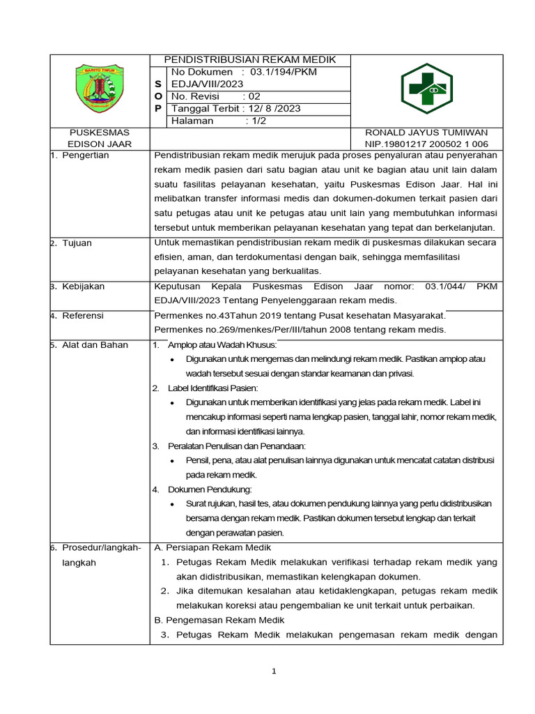 Sop Pendistribusian Rekam Medik | PDF | Sains & Matematika