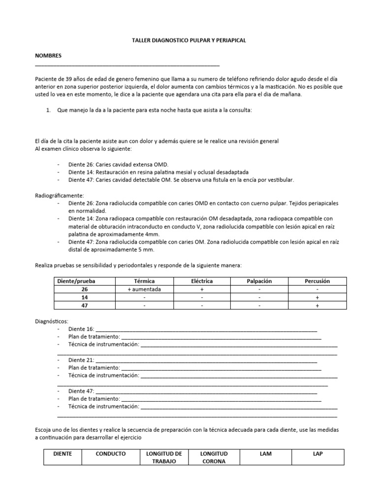 Taller Diagnostico Pulpar y Periapical | PDF | Causas de la muerte | Medicina