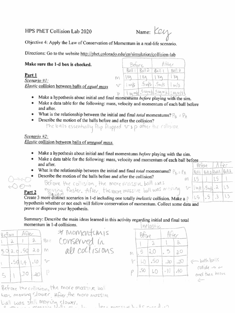 Phet Collision Lab 2020 Key | PDF