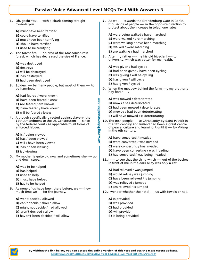 893 Passive Voice Advanced Level Mcqs Test With Answers 3 ...