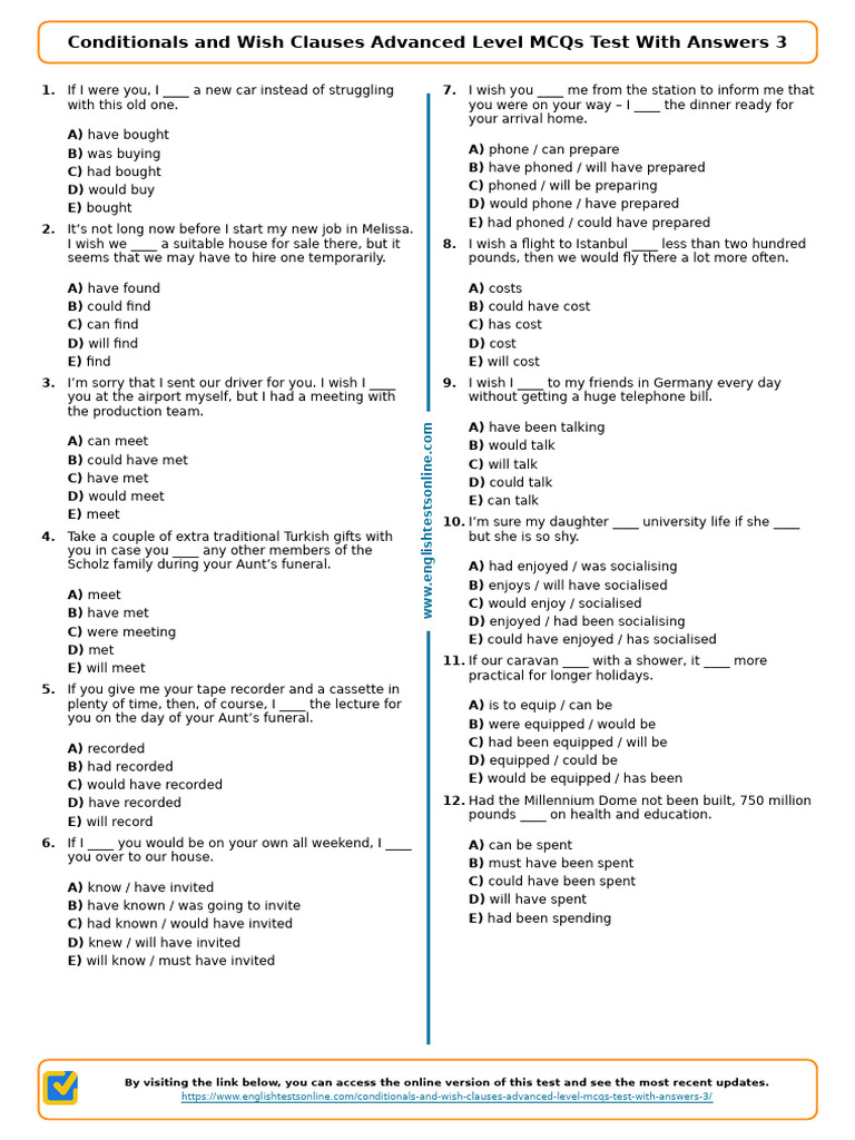 904 Conditionals and Wish Clauses Advanced Level Mcqs Test With Answers ...