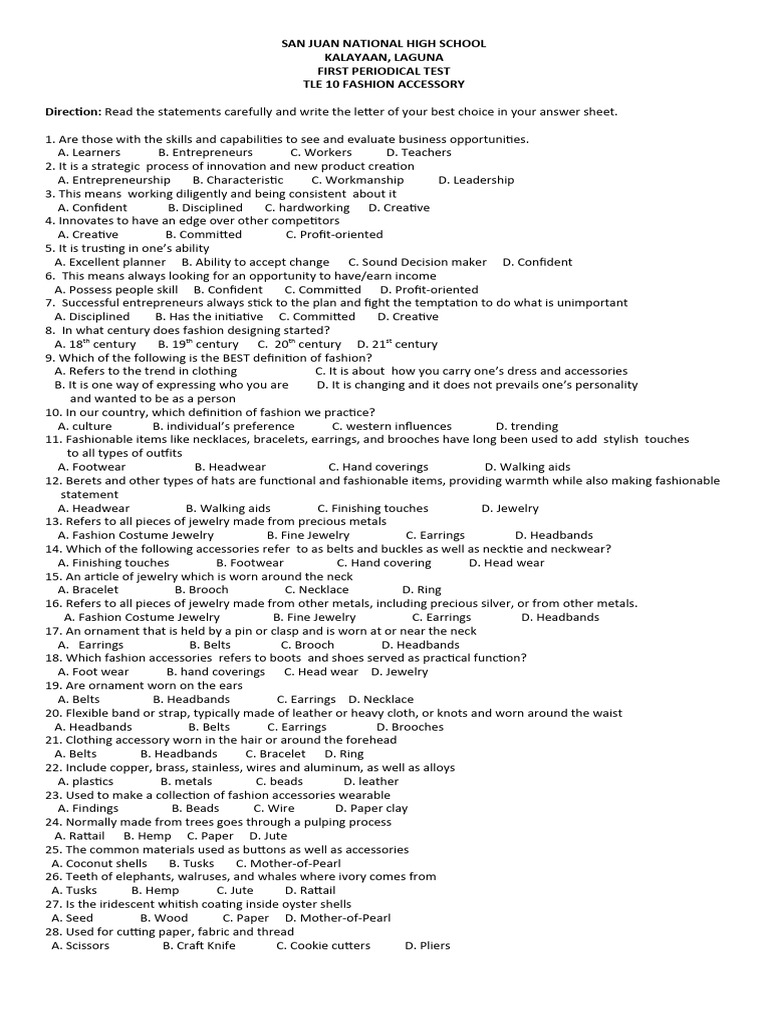 First Periodical Test Tle 10 Fashion Accessories | PDF | Jewellery ...