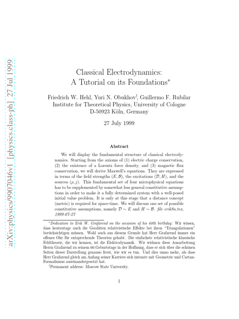 Classical Electrodynamics - A Tutorial On Its Foundations | PDF | Tensor | Electric Charge
