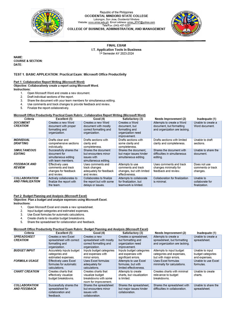 Final Exam I.T. Application Tools in Business Summary With Rubrics. 2023 | PDF | Microsoft Excel ...