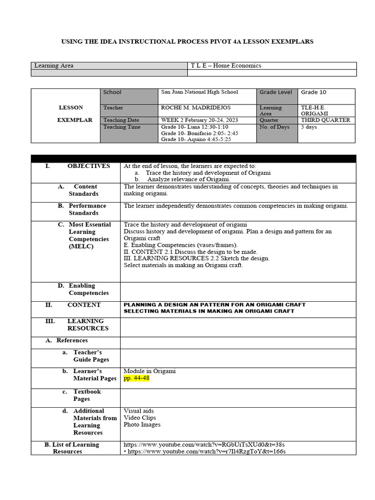 Origami Lesson Plan for Grade 10 TLE | PDF | Learning | Human Communication