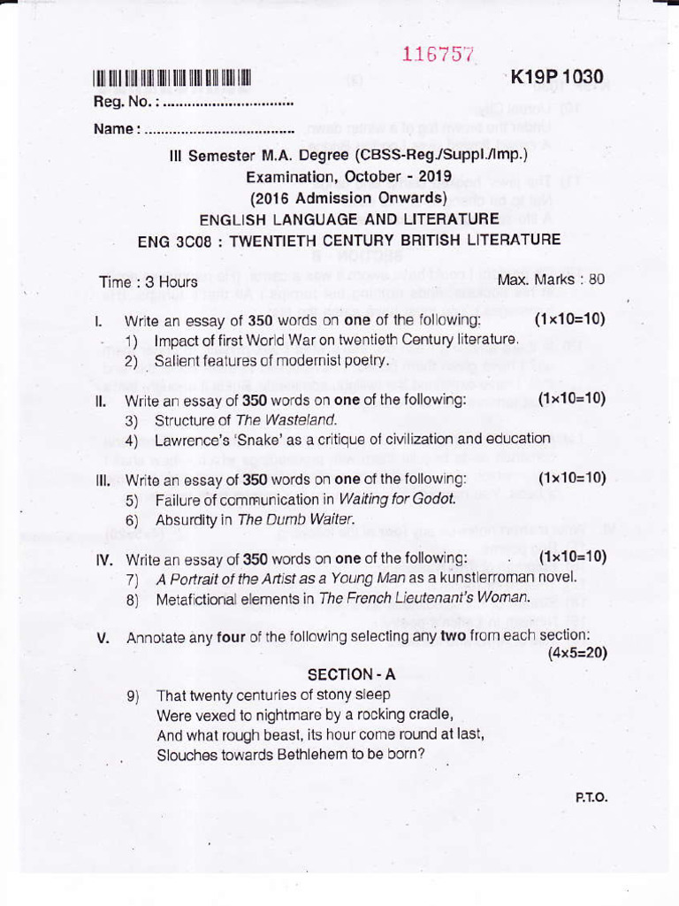 Twentieth Century British Literature Exam | PDF