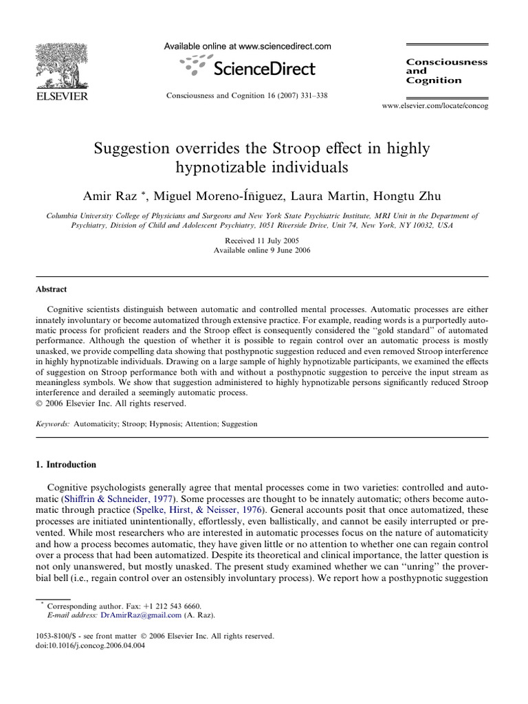 Suggestion Overrides The Stroop Effect in Highly | PDF | Hypnosis | Color