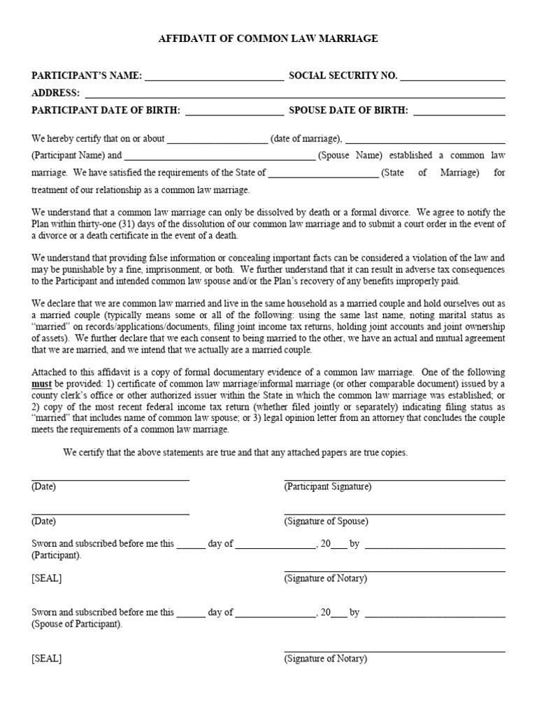 Common Law Marriage Affidavit Template | PDF | Marriage | Divorce
