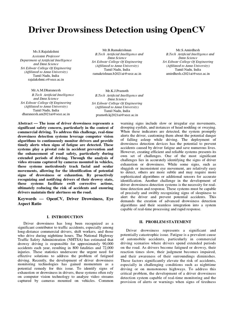 Driver Drowsiness Detection Using Opencv Paper Removed Pdf Computer Vision Support