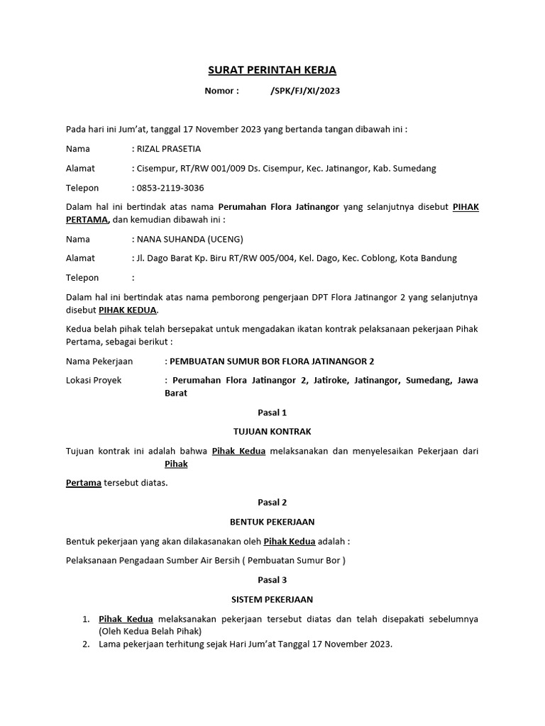 Surat Perintah Kerja Sumur Bor | PDF