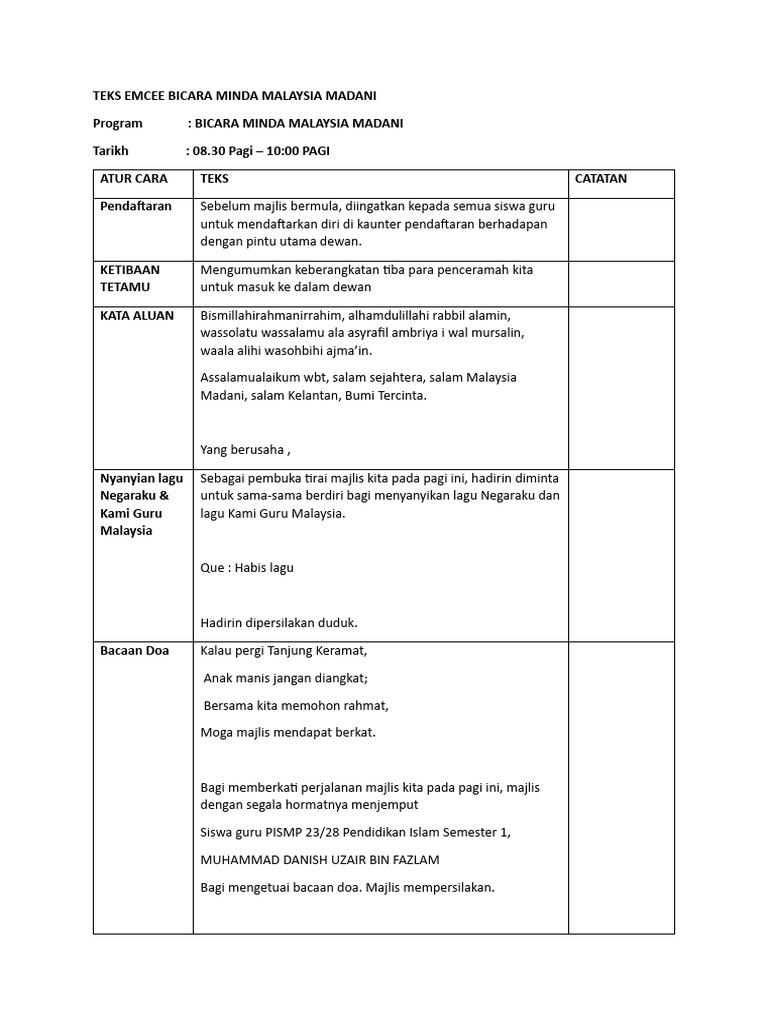TEKS EMCEE BICARA MINDA MALAYSIA MADANI | PDF