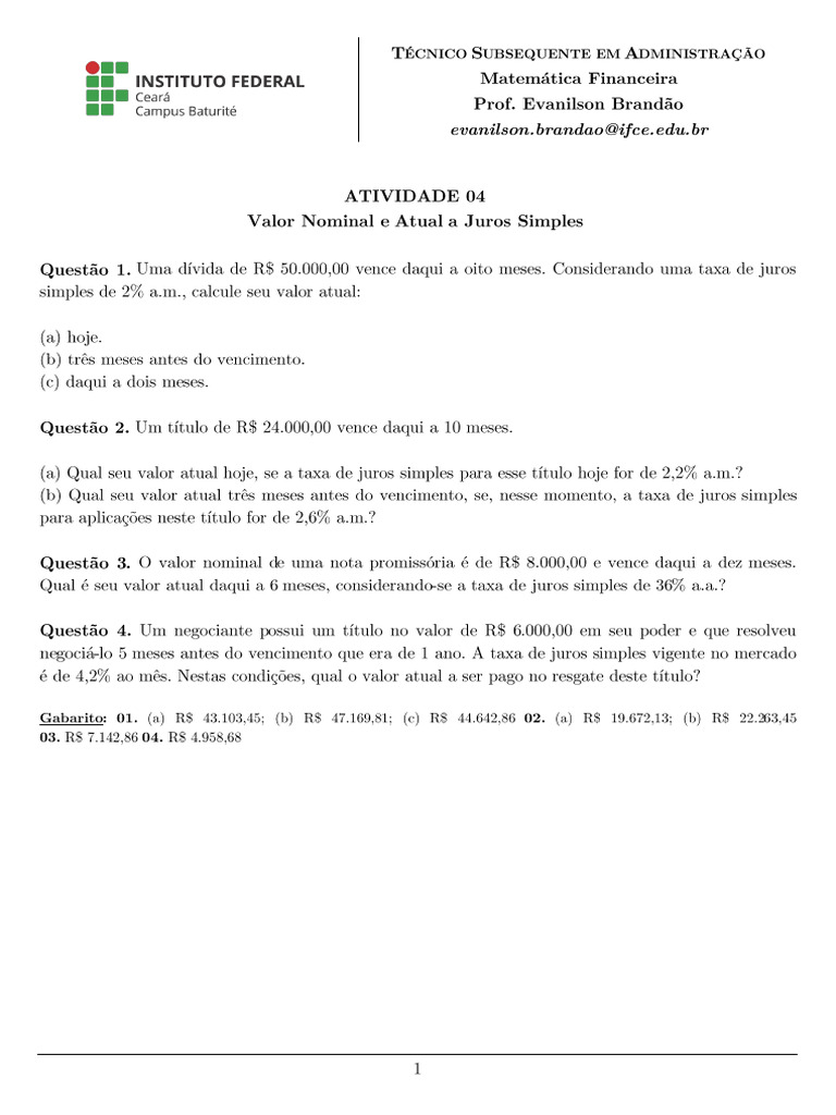 Atividade 04 - Valor Nominal e Atual a Juros Simples | PDF