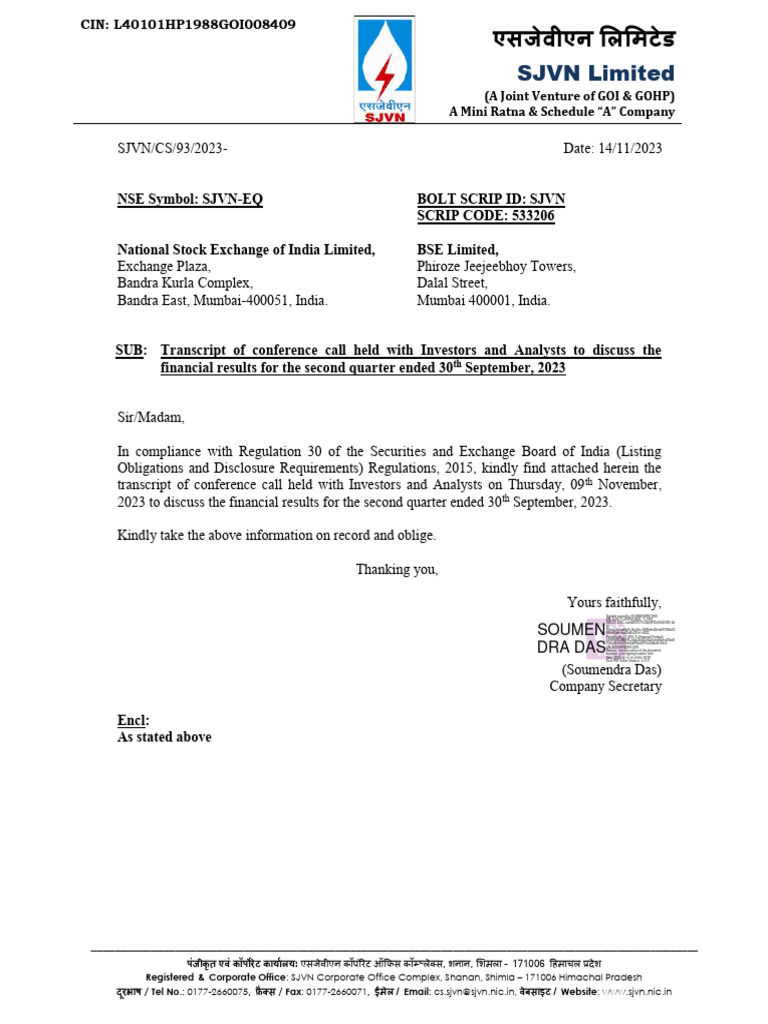 Q2fy24 Concall SJVN | PDF | Hydroelectricity | Watt