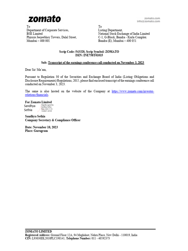 Q2fy24 Concall Zomato | PDF | Working Capital | Pricing Q2fy24 Concall Zomato | PDF | Working Capital | Pricing