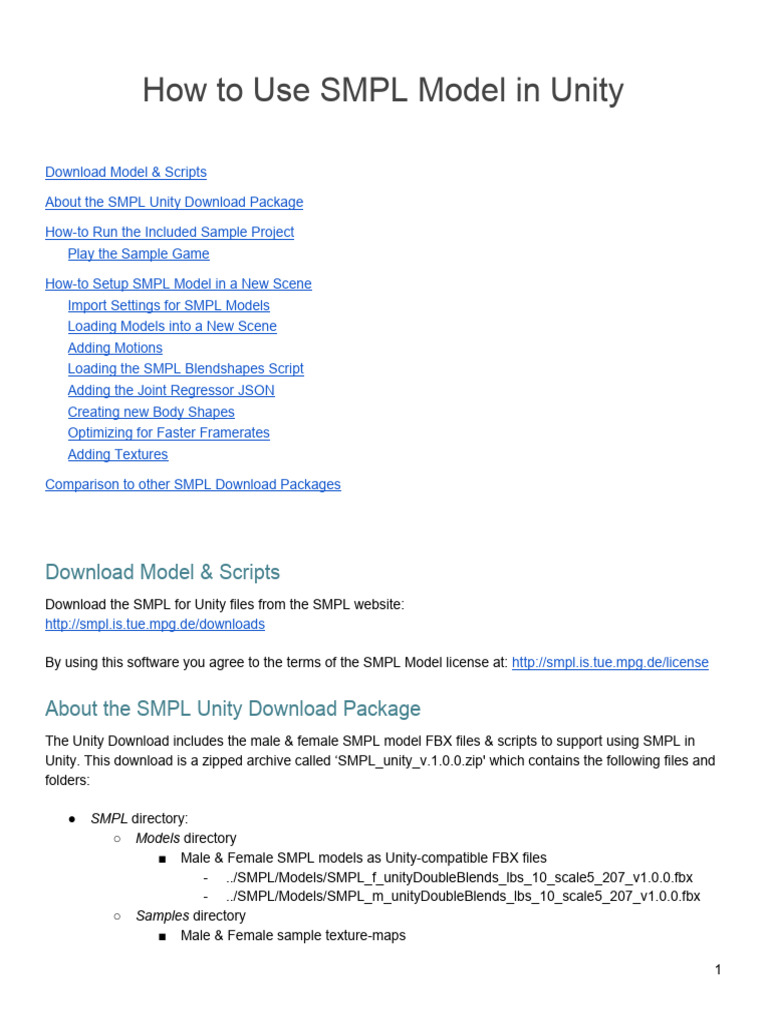 Using SMPL Model in Unity Guide | PDF