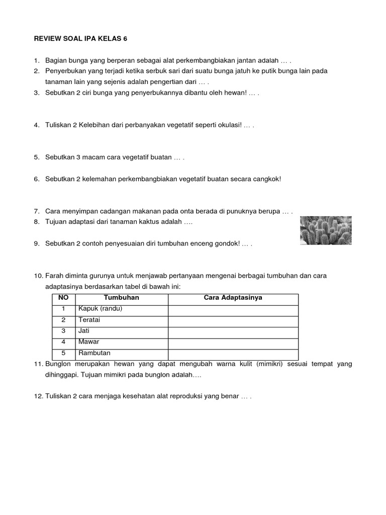 Review Soal IPA Kelas 6: Adaptasi & Reproduksi | PDF | Griya & Taman ...