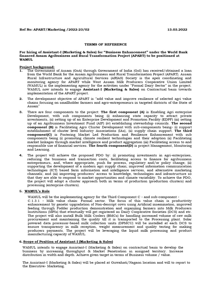 TOR Assistant-I (Marketing & Sales) Dtd. 13-03-2022.pdf | PDF | Marketing | Milk