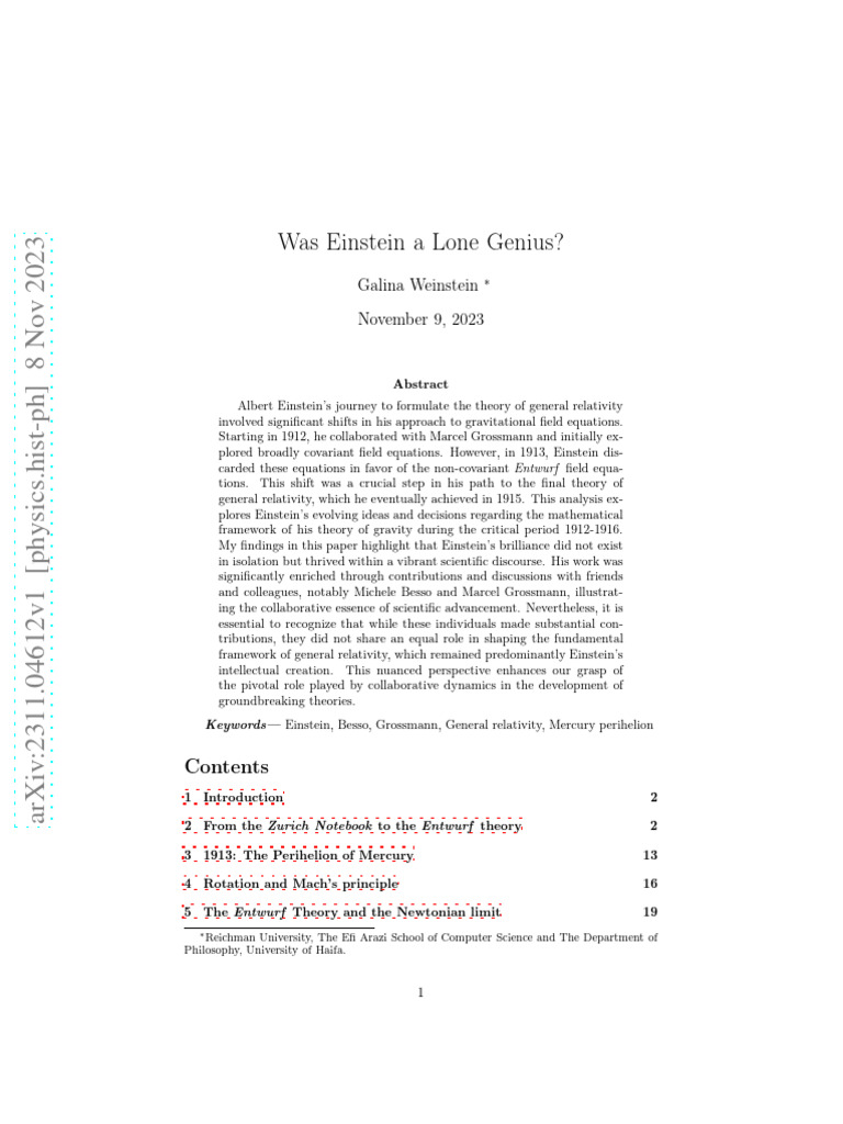 Was Einstein A Lone Genius?: Galina Weinstein November 9, 2023 | PDF ...