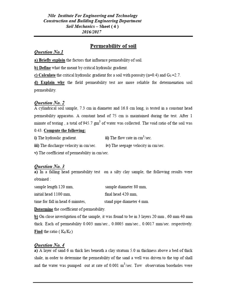 SHEETS 4 Permeability | PDF | Soil Mechanics | Permeability (Earth Sciences)