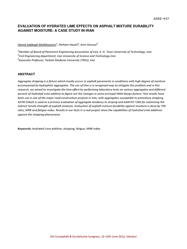A 5 EE 437 Evaluation of Hydrated Lime E | PDF | Road Surface ...