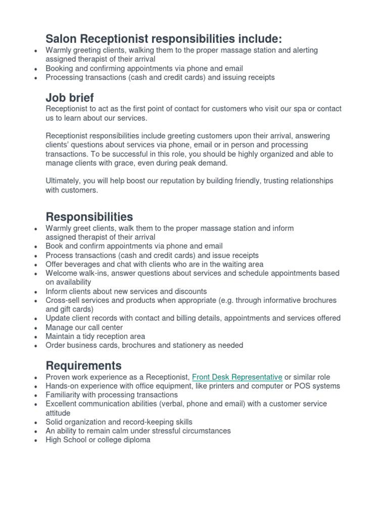 Salon Receptionist Responsibilities Include | PDF