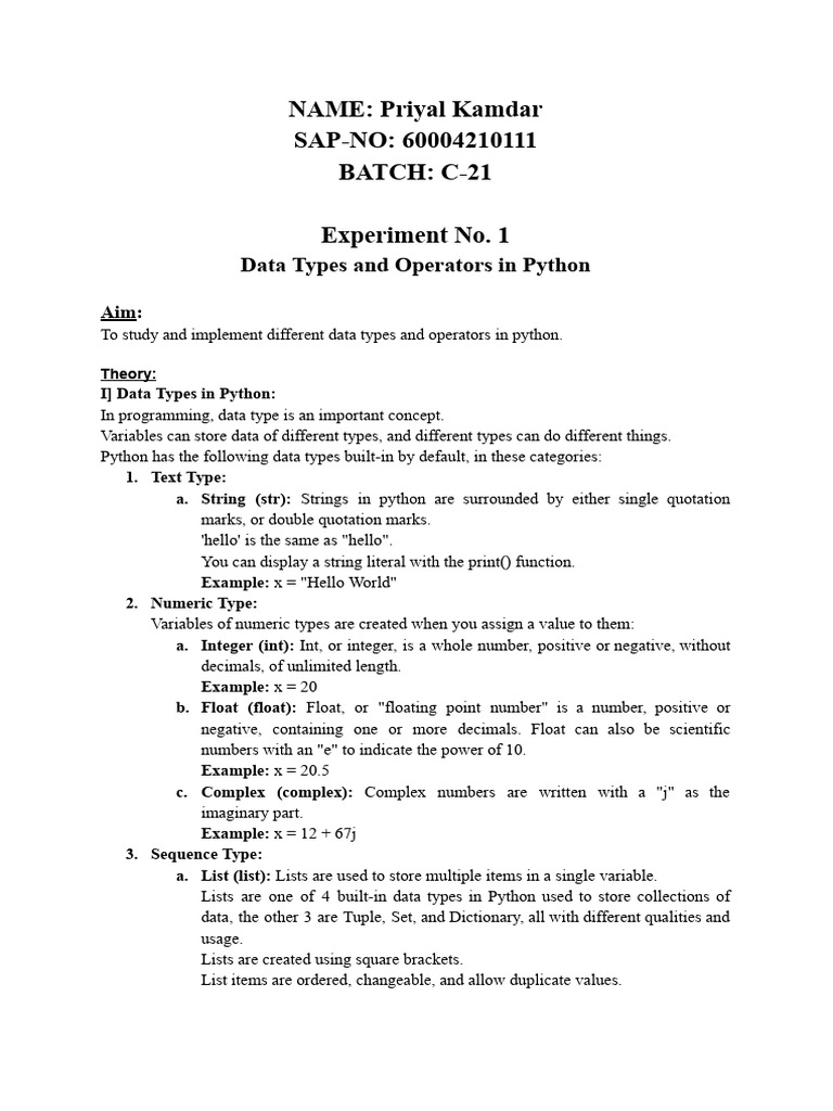Python Exp 1 Pdf Data Type Boolean Data Type