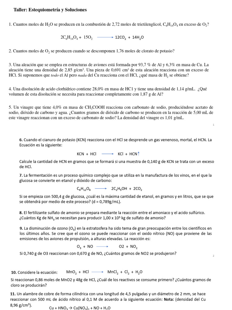Ejercicios Estequiometria y Soluciones | PDF | Ácido clorhídrico | Ácido