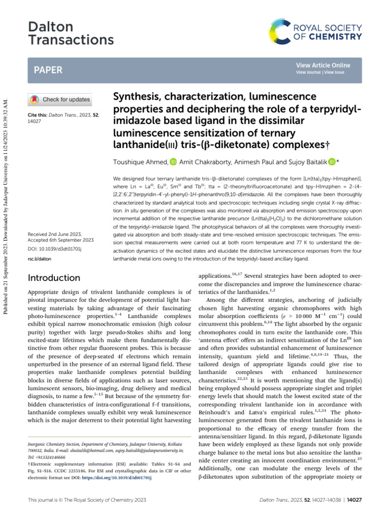 Paper 1 | PDF | Coordination Complex | Lanthanide