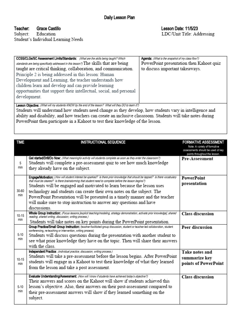Lesson Plan | PDF | Educational Assessment | Neuroscience