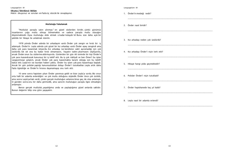 B1 Practice Paper Turkish Written | PDF