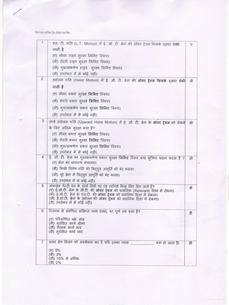 Question Bank of MW Mech For Instructor in TTC | PDF