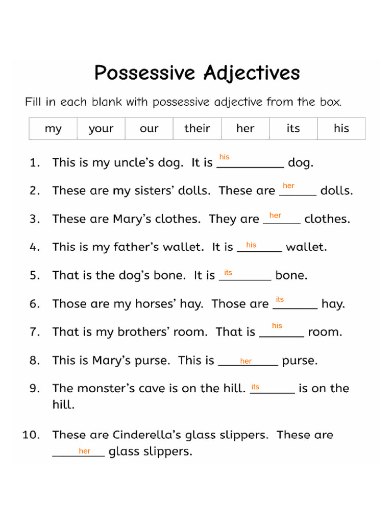 Possessive Adjectives - Exercise 1 - Done | PDF