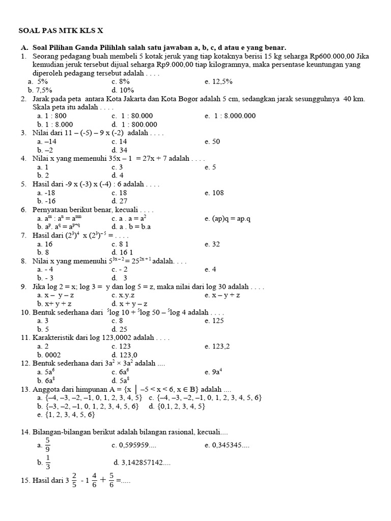 Soal Pra Lat. MTK X | PDF