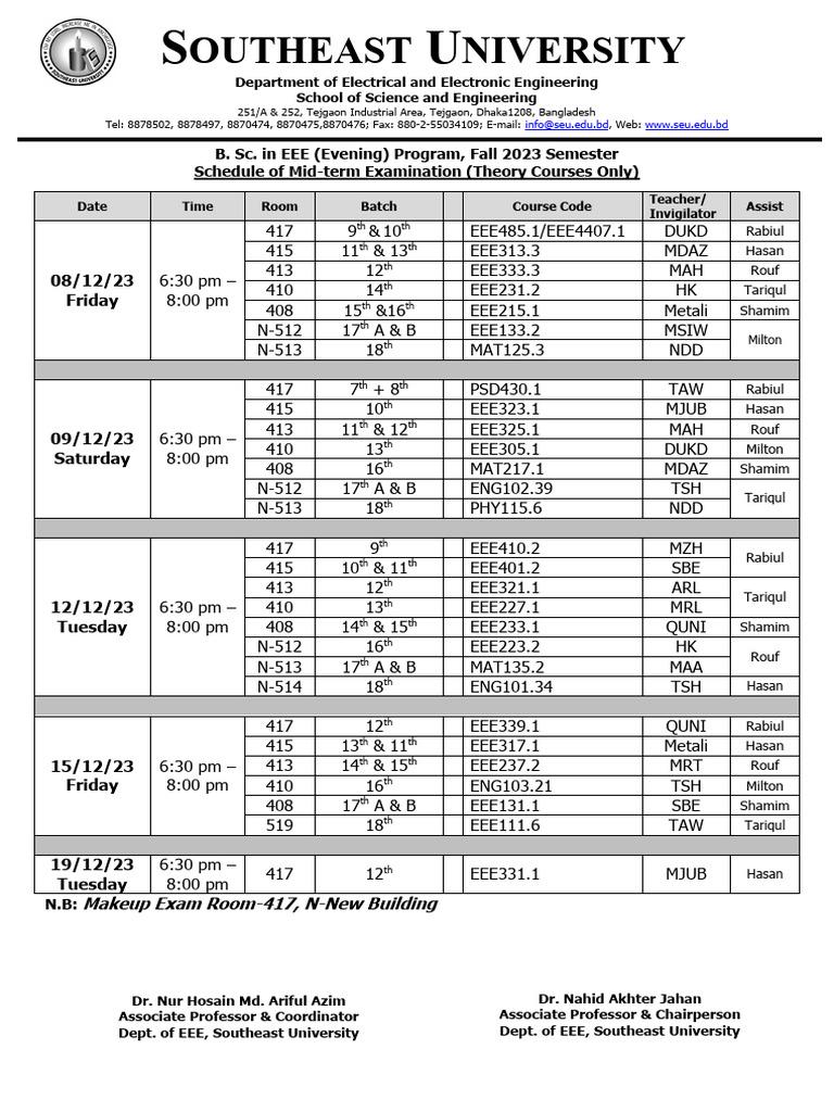 EEE Mid-term Exam Schedule Fall 2023 | PDF | Engineering