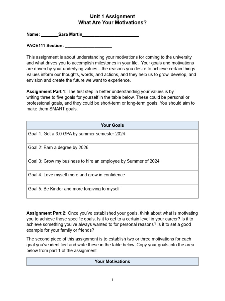 Pace Unit 1 Motivations Template PDF | PDF | Goal | Motivation