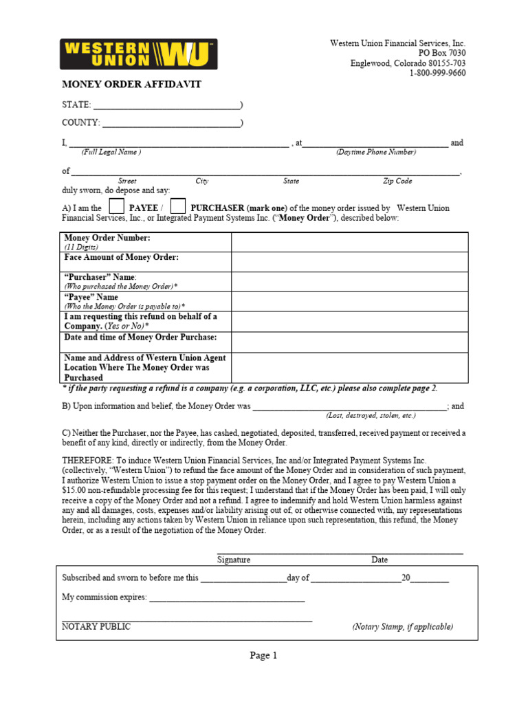 Western Union Money Order Affidavit | PDF | Payments | Money Order